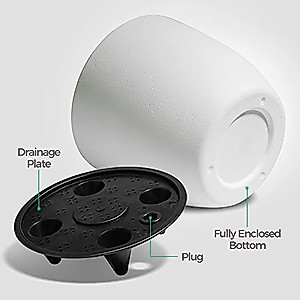 T4U 7 Inch Self Watering Planter with Bamboo Stand Set of 2, Plastic White Flower Pot for Indoor Herb Plant, Aloe, African Violet, Nursery Seedling Pot Round, Modern Decor for Home, Garden, Office