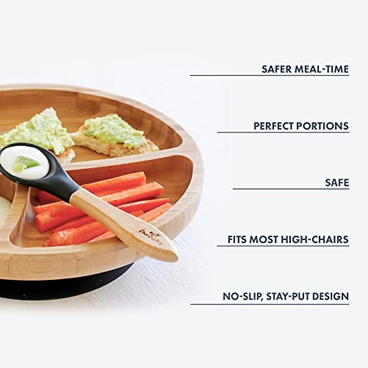 Avanchy Toddler Baby Plates Divided Bamboo, Suction for Babies Kids Toddler Food with Silicone Spoon for Feeding, Green