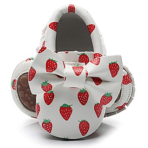 HONGTEYA Baby Moccasins with Rubber Sole&Soft Sole - Flower Print PU Leather Tassel Bow Girls Ballet Dress Shoes for Toddler (6-12Months, 12.5cm,5.5 M US Toddler, Strawberry)