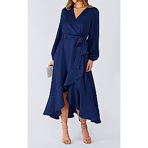 PRETTYGARDEN Women's 2023 Fall Dresses Casual Long Sleeve Wrap V Neck Maxi Dress High Low Wedding Guest Dress Ruffle Hem (Navy,Large)