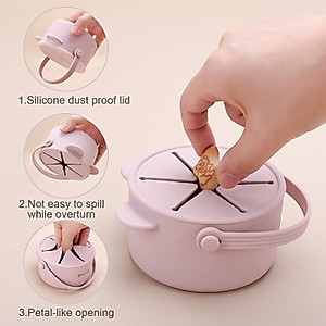 Dilovely Snack Cups for Toddlers, Baby Snack Containers, Silicone Toddler Snack Cups No Spill, Food Catcher with Lid & Bucket-like Handle, BPA Free & Dishwasher Safe, 9 Ounce Lilac
