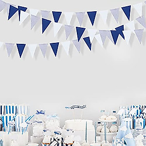 30 Ft Navy Blue White and Silver Party Decorations Royal Blue Triangle Flag Pennant Banner Bunting for Birthday Wedding Bridal Baby Shower Nautical Ahoy Achor Pirate Theme Party Decorations Supplies