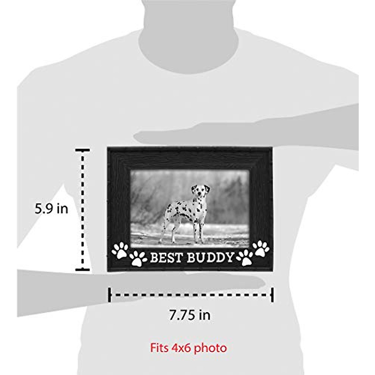 Isaac Jacobs 4” x 6” Resin Sentiments Dog Best Buddy Picture Frame, Horizontal Keepsake Photo Frame with Easel and Hanging Tabs for Tabletop, Desktop & Wall Display, (Black)