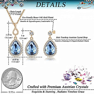 EVEVIC Austrian Crystals Teardrop Pendant Necklace Earrings for Women 14K Gold Plated Hypoallergenic Jewelry Set (Dark Blue)