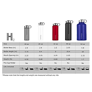 H2 HYDROLOGY Water Bottle - 18 oz, 22 oz, 32 oz, 40 oz, or 64 oz with 3 LIDS Double Wall Vacuum Insulated Stainless Steel Wide Mouth Sports Hot & Cold Thermos (64 oz, Black)