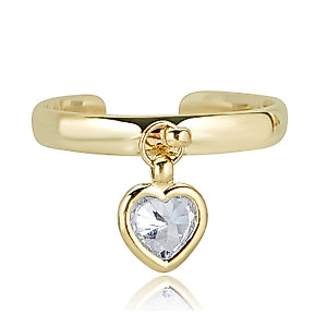 AVORA 10K Yellow Gold Adjustable Dangle Heart Toe Ring with Simulated Diamond CZ