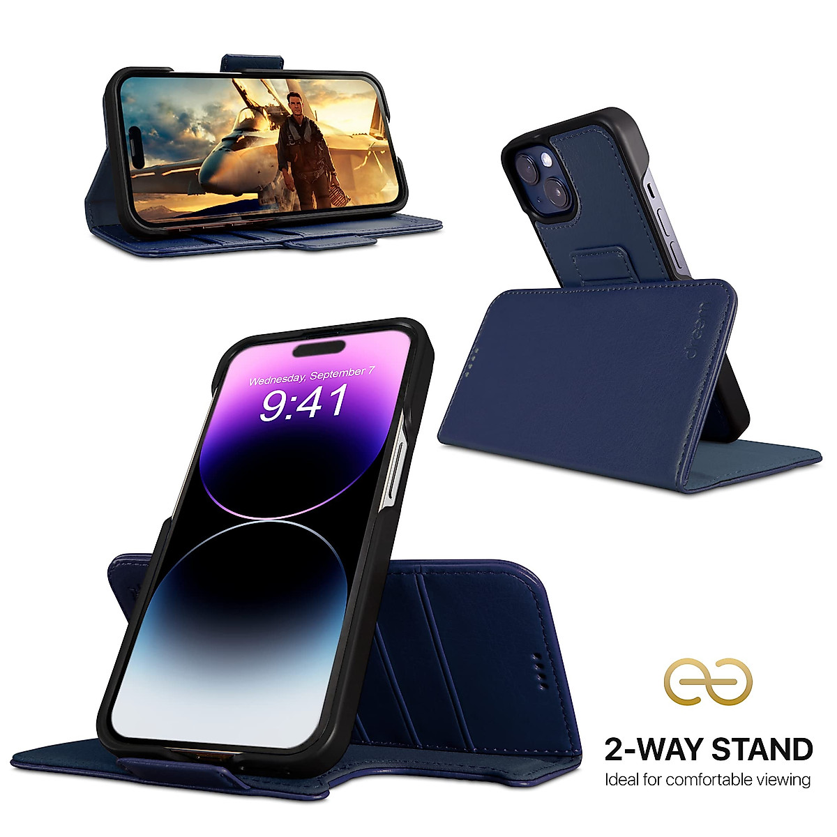 Dreem Fibonacci Wallet Case for iPhone 14 | 2-in-1 Detachable Vegan Leather Cover with Built-in Kick-Stand, RFID Blocking Card Holder, MagSafe Compatible [Royal]