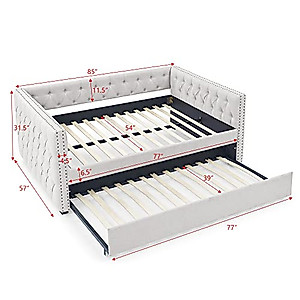 Eafurn Full Daybed with Trundle Bed,Upholstered Day with Twin Size Trundle Bed Frame Sofa Beds with Button and Copper Nail on Square Arms for Living Room, Bedroom
