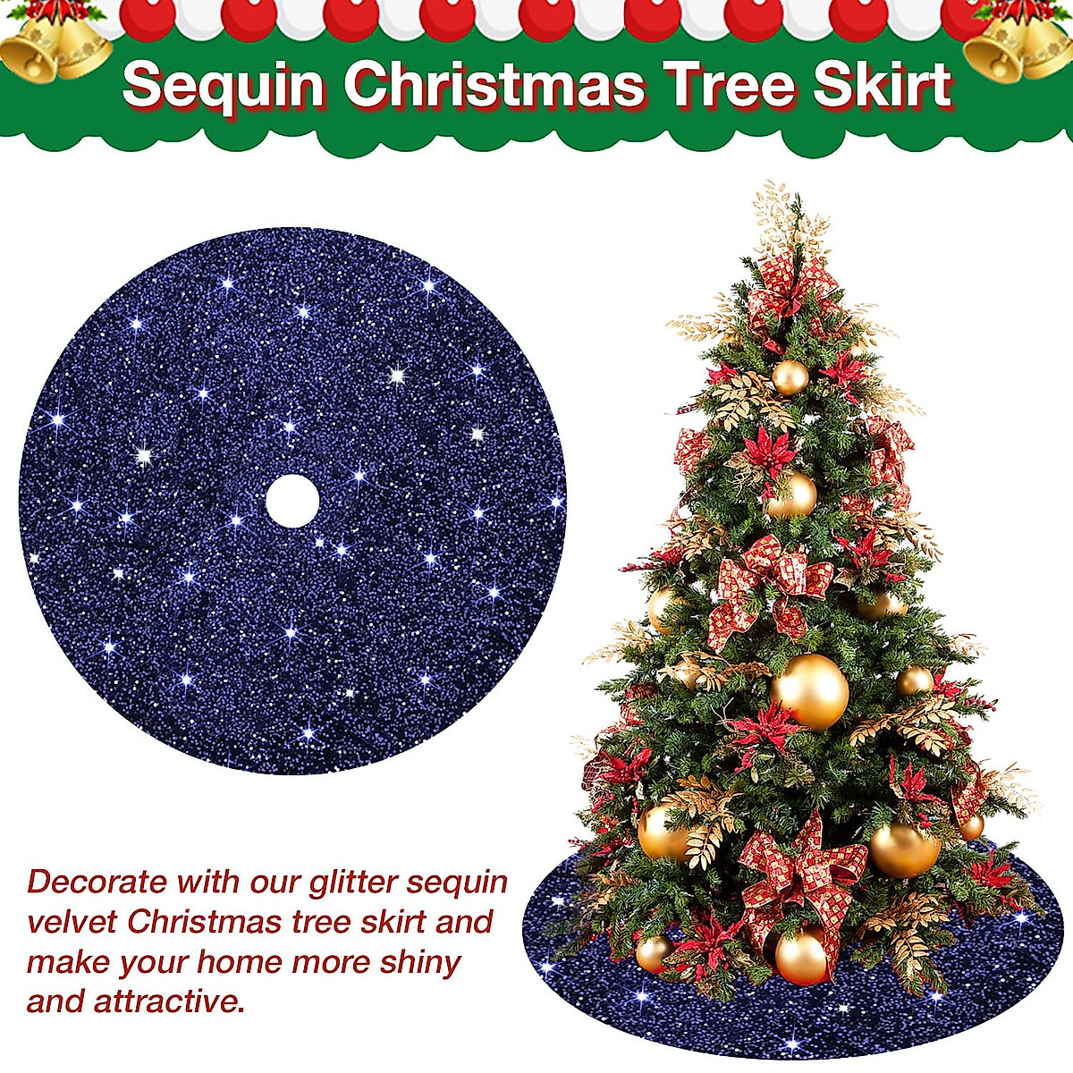 Navy Blue Sparkly Sequin Tree Skirt 36 Inches Christmas Ring Glitter Collar Blanket for Halloween 6ft Tree Navy Xmas Velvet Skirt for Home Festival Decoration