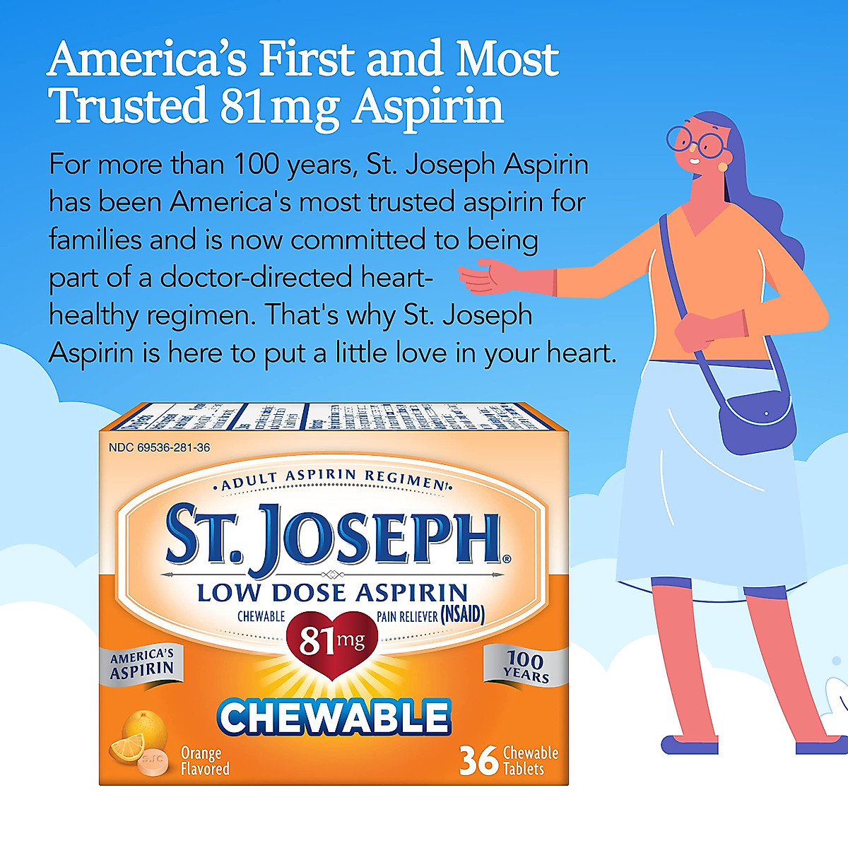 St. Joseph Aspirin Pain Reliever, Chewable Flavored, Low Dose, Orange, 108 Count (69536-181-15)