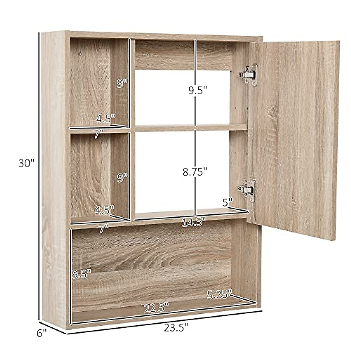 kleankin Wall-Mounted Wooden Bathroom Medicine Cabinet, Storage Cabinet with Mirror Glass Door Adjustable Open Shelf Oak Grain