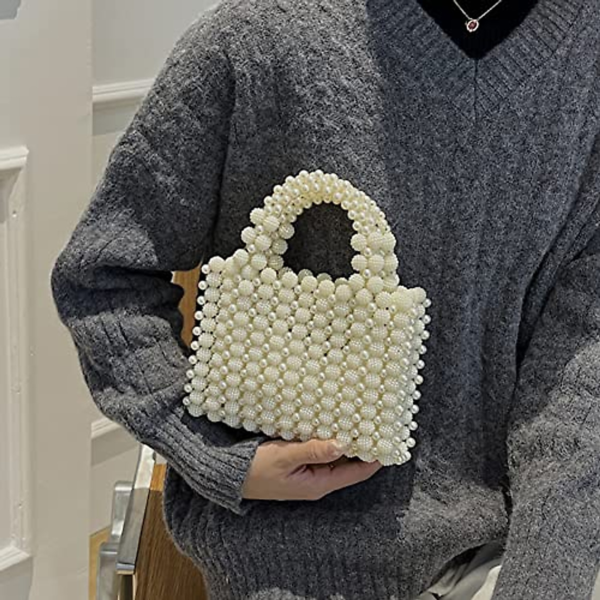sikiwind Totes Bag, Women's Clutches Top-handle Bag Fashion Elegant Mini Pearl Clutch Bag Handmade Beaded Women Banquet Wedding Party Holiday Handbags Female Coin Purse