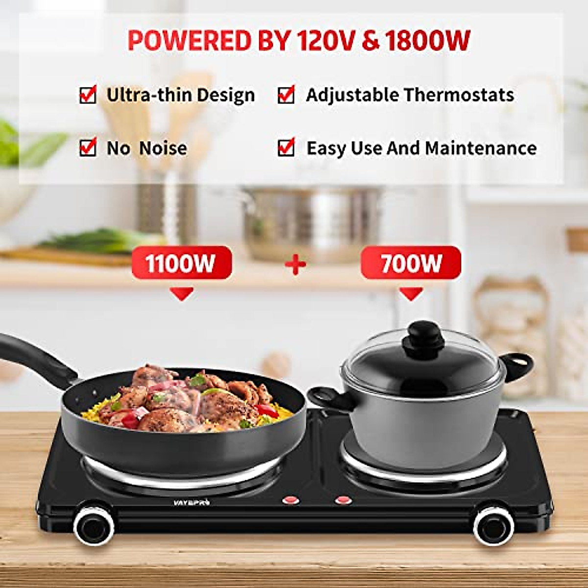 Hot Plate for Cooking, Vayepro 1800W Portable Electric Stove,Double Electric Burner for Cooking,UL listed,Cooktop for Dorm Office Home Camp, Compatible with All Cookware