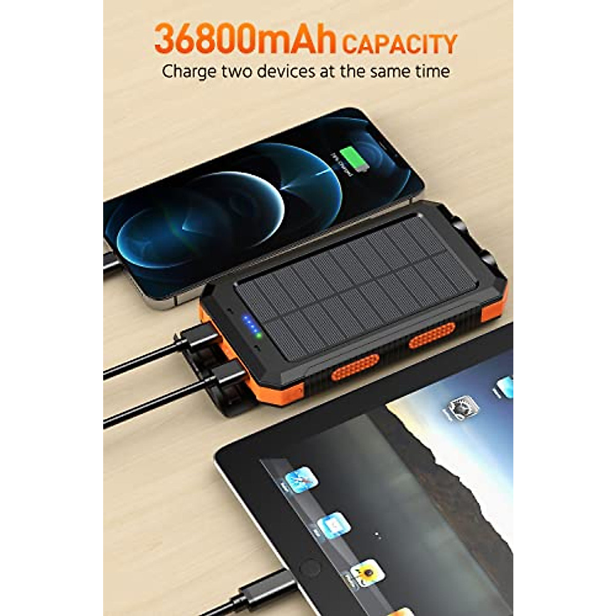 Power-Bank-Portable-Charger-Solar - 36800mAh Waterproof Portable External Backup Battery Charger Built-in Dual QC 3.0 5V3.1A Fast USB and Flashlight for All Phone and Electronic Devices (Orange)
