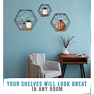 Comfify Industrial Wall Mounted Honeycomb Floating Shelves Set of 3 Decorative Hexagon Metal Wire Shelves – Large, Medium and Small - Modern Shelves for Home, Office and More - Rustic Brown