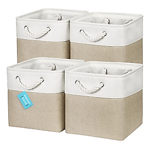 OrganiHaus Storage Cubes 11x11x11 Set of 4, Cube Organizer Bins for Nursery Decor, Fabric Cube Baskets for Shelves, Foldable Storage Cubes for Kallax Organizer Cube Bins w Rope Handles Beige/White
