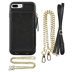 ZVE iPhone 7 Plus/8 Plus Wallet Case (Black)+ Black Replacement Chain Strap