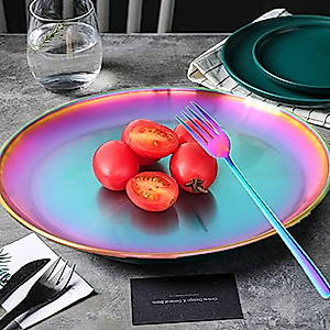 JYJFGSFA Rainbow Stainless Steel Dinner Plates Set with Fork, Set of 8, Colorful Metal Dessert Salad Plates for Eating Dinner Camping, Unbreakable and Reusable Kids Platter Indian Dishwasher Safe