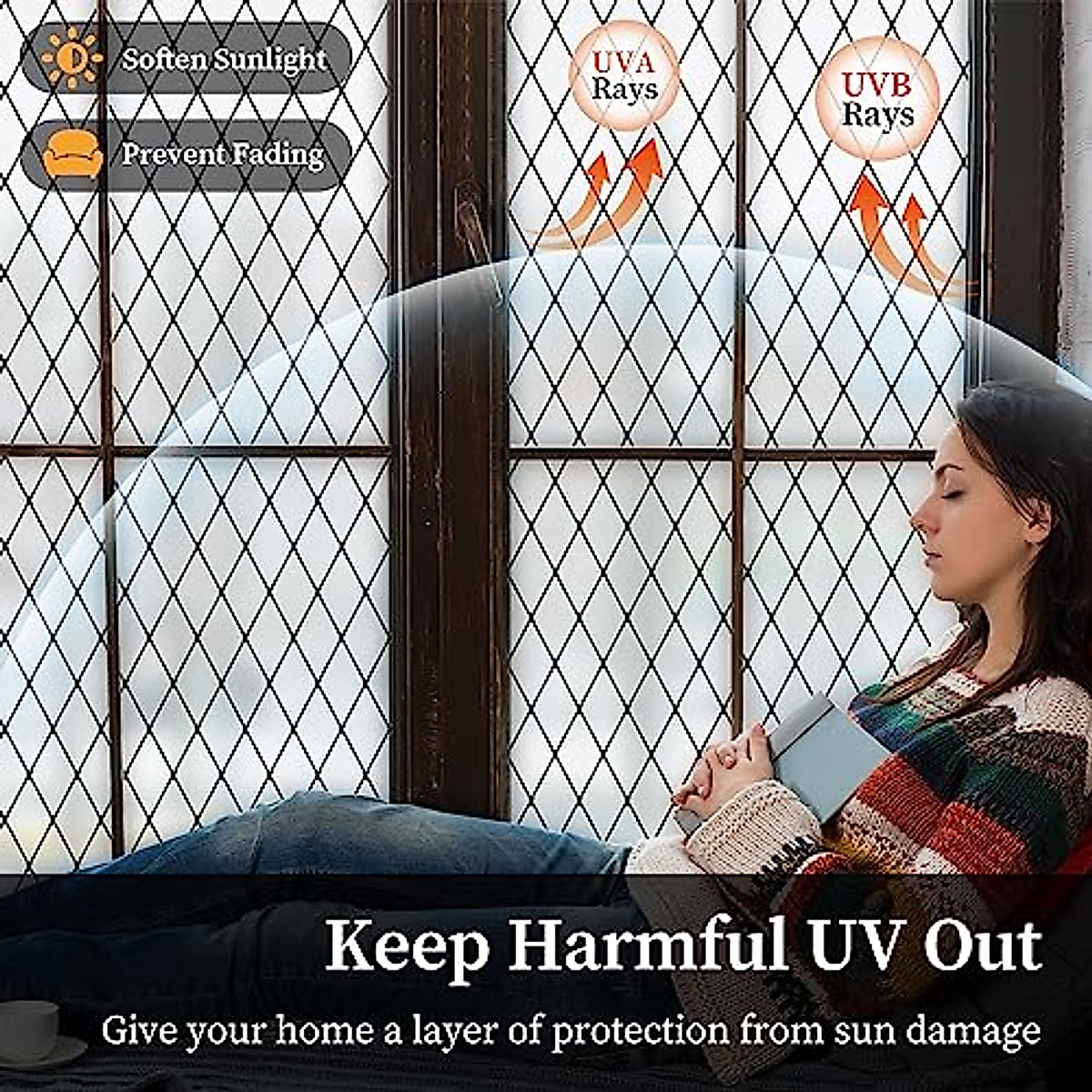 FEOMOS Window Privacy Film, Frosted Glass Window Film, Static Cling Window Tint for Home Décor & Anti UV, Black Lattice Sun Blocking Window Covering 17.3x78.7 inches