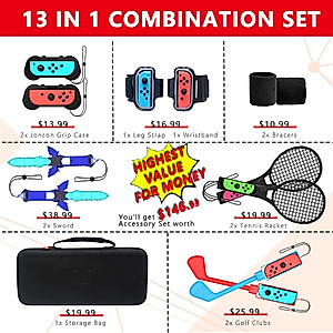 for Nintendo Switch Sports 13in1 Games Accessories Bundle Kit, for Mario Golf Clubs / Tennis Games Party wtih Portable Hand Bag, Soccer Leg Strap / Racket, Family / Children / Adult Gift Kit