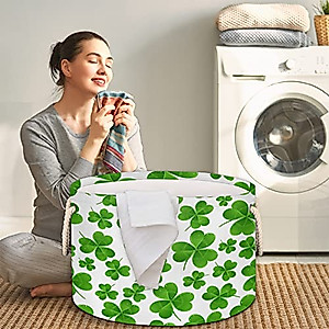 St. Patrick's Day Green Clover Leaves Large Round Baskets for Storage Laundry Baskets with Handles Blanket Storage Basket for Bathroom Shelves Bins for Organizing Nursery Hamper Girl Boy