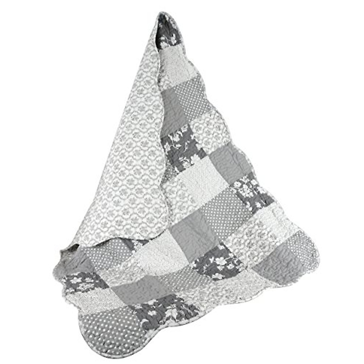 Stephan Baby Heirloom-Quality Pieced Crib Quilt, Gray and White Florals and Dots with Scalloped Hem