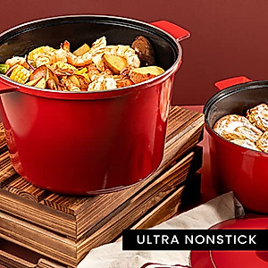 Granitestone Lightweight Dutch Oven Pot with Lid, 5 Qt Nonstick Dutch Oven Stock Pot, 10 in 1 Enamel Cooking Pot & Dutch Oven for Bread Baking, Stovetop Oven & Dishwasher Safe, 100% Toxin Free–Red