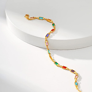 Colorful Crystal Bracelets for Women 18 Gold Plated Dainty Gold Square Crystal Charm Bracelet Cute Bracelet for Teen Girls