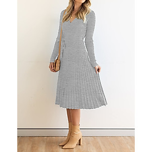 ZESICA Women's Fall Long Sleeve Wrap V Neck Ribbed Knit Pleated A Line Pullover Sweater Dress with Belt,Grey,Small