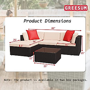 Greesum Patio Furniture Sets 5 Piece Outdoor Wicker Rattan Sectional Sofa with Cushions, Pillows & Glass Table, Beige