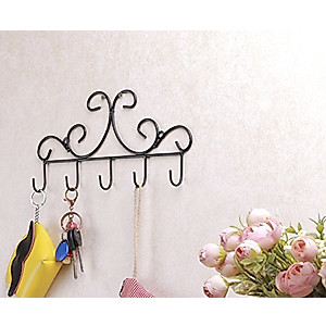 Wall Mounted Metal Hooks/Hangers - Door Hangers/Hooks - Decorative Organizer Rack with 6 Hooks for Keys Clothes Coats Hats Belts Towels Scarves Pots Cups Bags Kitchen Bathroom Garden (Black) (LSYY001)