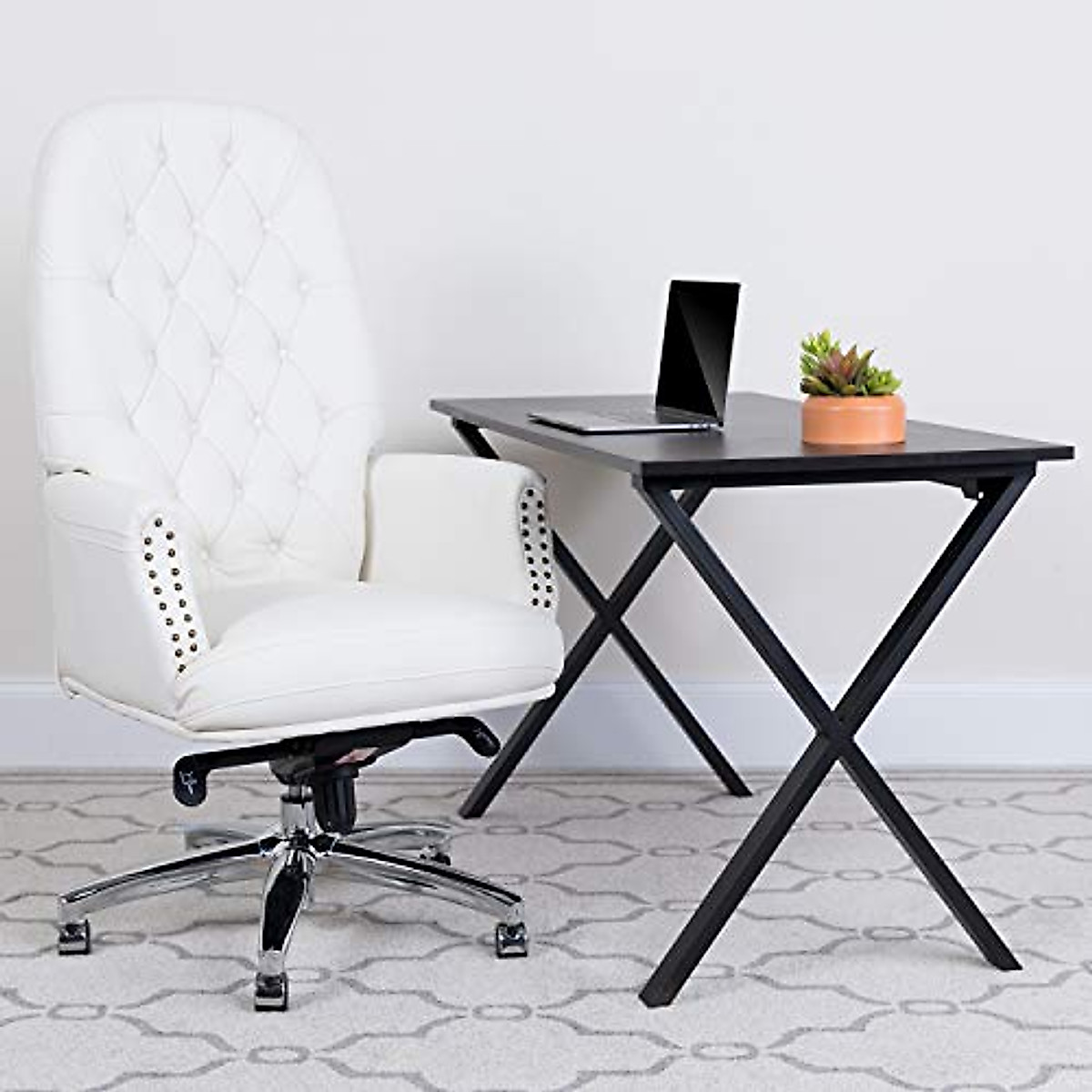 Flash Furniture Hansel High Back Traditional Tufted White LeatherSoft Multifunction Executive Swivel Ergonomic Office Chair with Arms