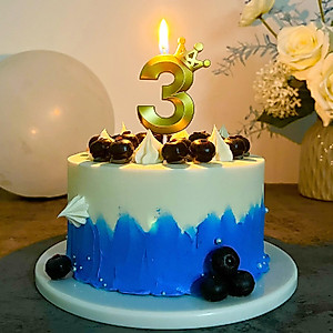 Number 3 Birthday Candle 3D Crown Designed Cake Topper Decorations for Three Years Old Happy Birthday Candles Anniversaries (Crown-3, Gold)