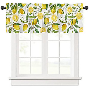 Voguard Yellow Lemon Valance Curtain Rod Pocket Window Curtain Summer Garden Fruit Flower Lemon Slice and Leaves Washable Window Treatment for Living Room Bedroom Kitchen Home Decor 54x18in