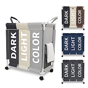 LIFELUM Laundry Hamper 3 Section Laundry Sorter with Wheels and Side Pockets Laundry Organizer Cart for Clothes Storage,in Laundry Room,Bathroom（3 Color-Dark Grey/Light Grey/Beige)