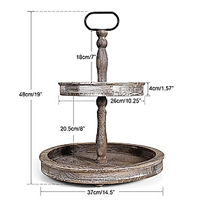 Farmhouse Tiered Tray Decor Stand, 2 Tier Round Wood Serving Tray with Oval Metal Handle, Rustic Wooden Tiered Tray Decor Holder, Wooden Cake Stand for Kitchen Counter or Coffee Table - Grayish White