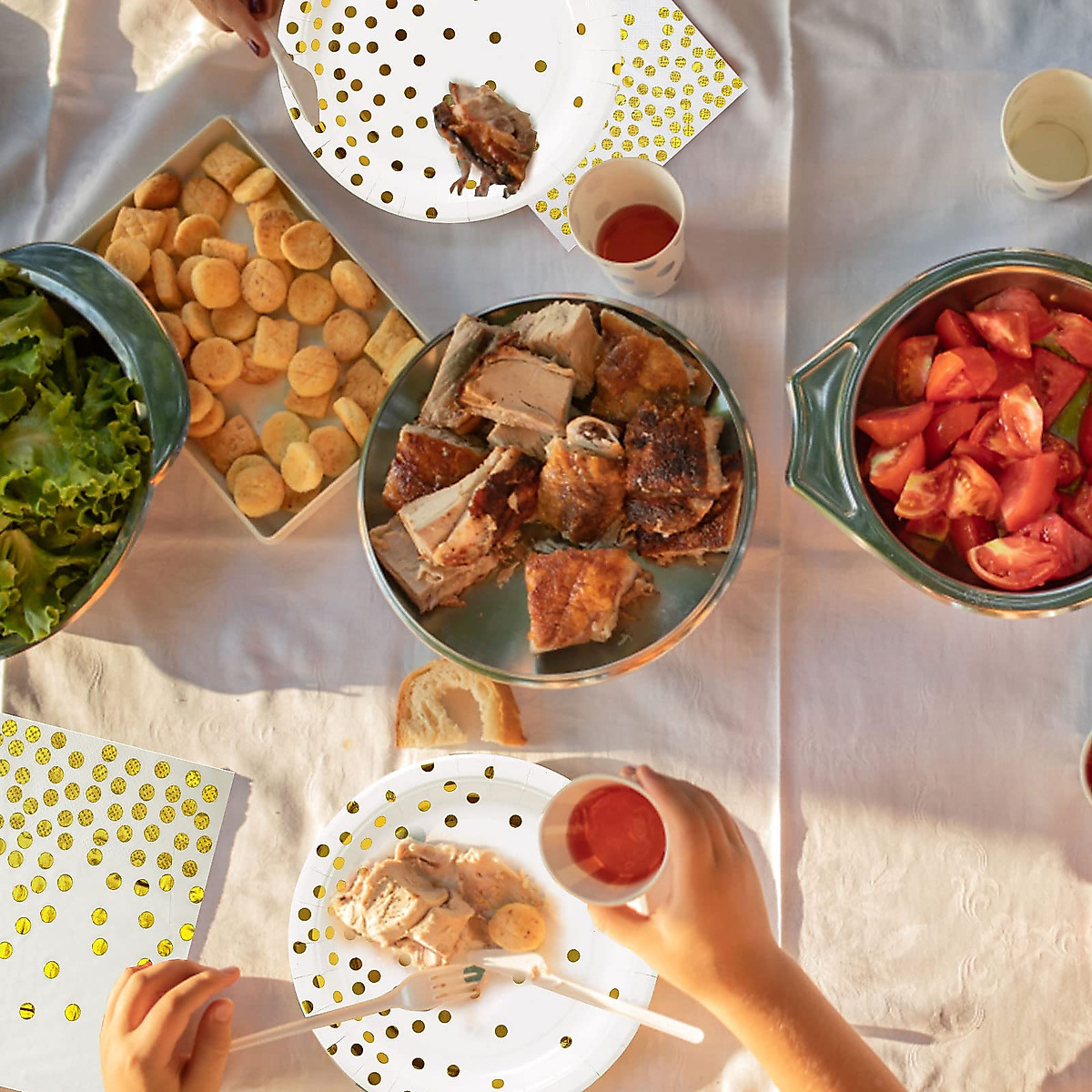 CENLBJ Disposable Paper Plates 100 Pack - White and Gold Paper Plates 50 x 9 & Gold Dot Napkins 50 x 6.5,Party Supplies for Weddings, Birthdays, Bridal Parties, All Occasions