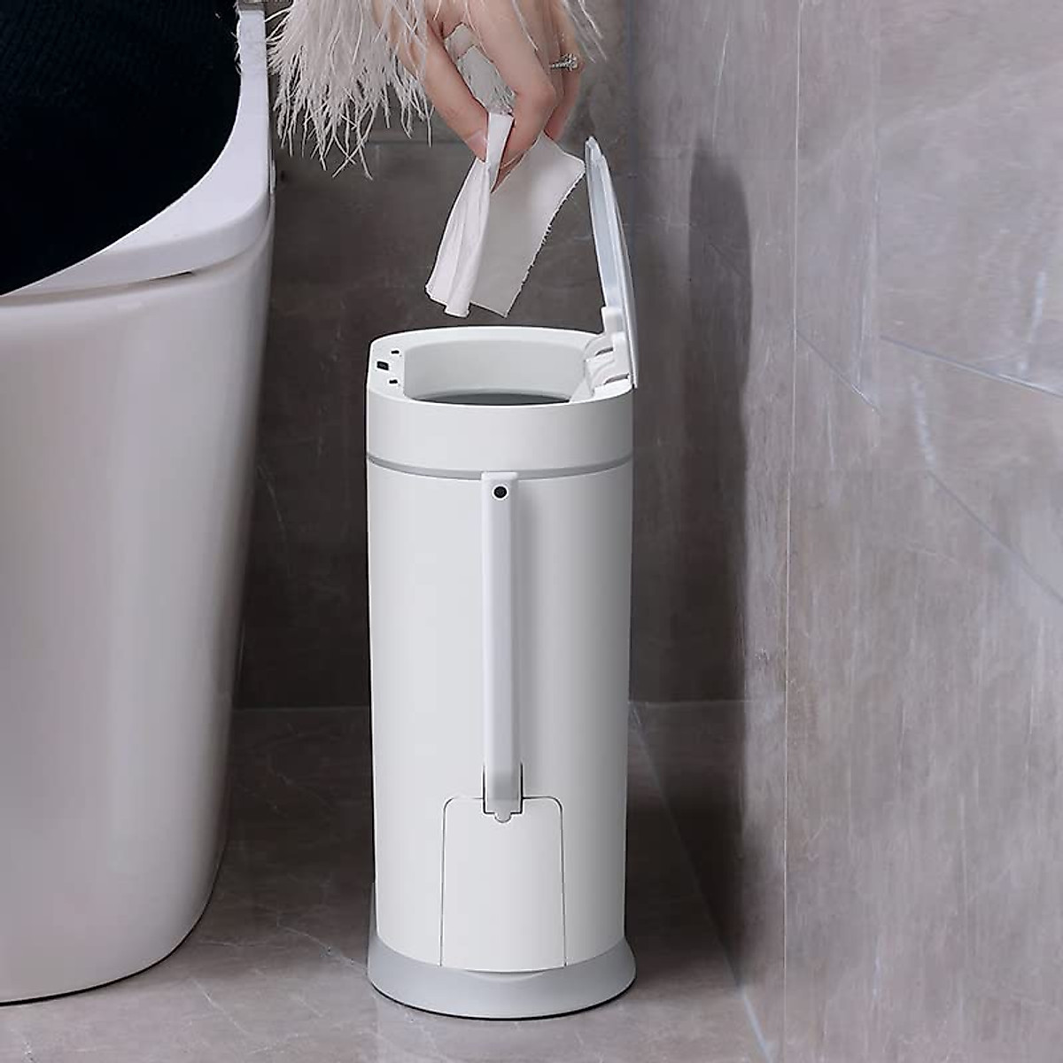 Huaqinglian 2.6 Gallon Automatic Touchless bothroom Trash can with Toiler Brusher- Motion Sensor Smart Garbage Can with lids-Slim Electric Wastebaskets for Bedroom/Living Room/Kitchen/Office (White)