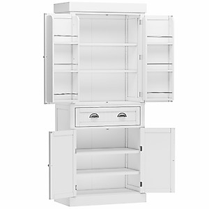 Squireewo 72" Freestanding Kitchen Pantry Storage Cabinet with Doors and 6 Hanging Shelves,Storage Cupboard with Large Drawer for Kitchen,Bathroom or Hallway, White