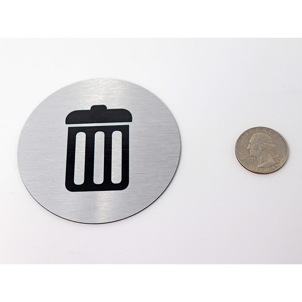 Metal Trash & Recycling Signs | Garbage & Recycling Bin Marker | Set of 2 - 1 Black Trash Sign & 1 Green Recycle Sign | 3" Round, Brushed Silver Aluminum Signs | Made in USA