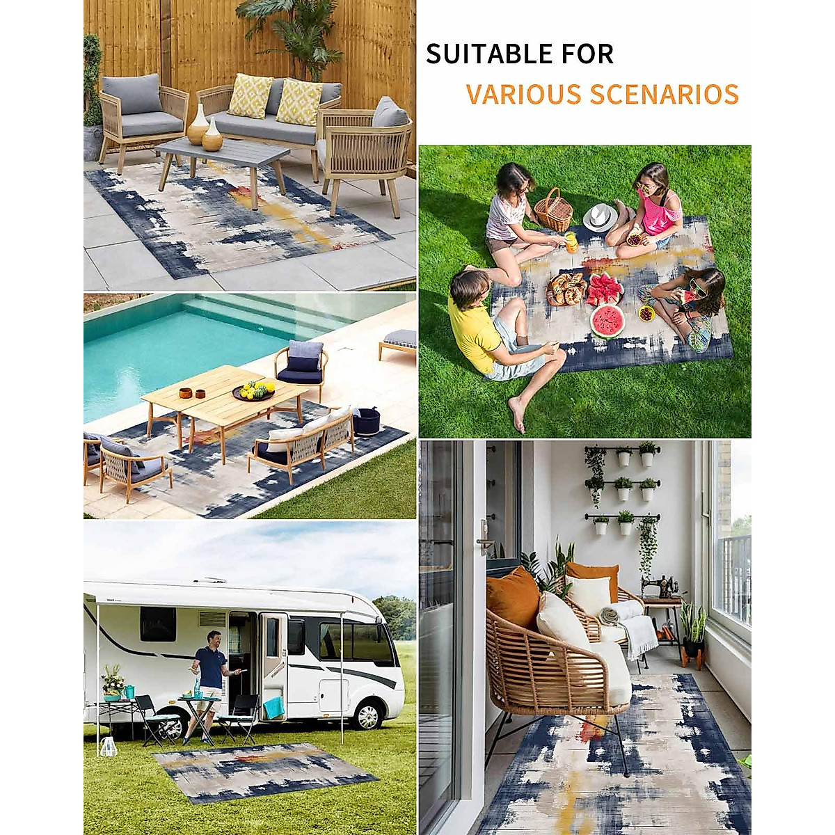 Minimalist Abstract Outdoor Rugs for 4'x6' Patios Clearance, RV Camping Mat Rug Portable Outside Rug Indoor Outdoor Area Rug Mat for Beach Deck Pool Navy Blue Modern Painting Art