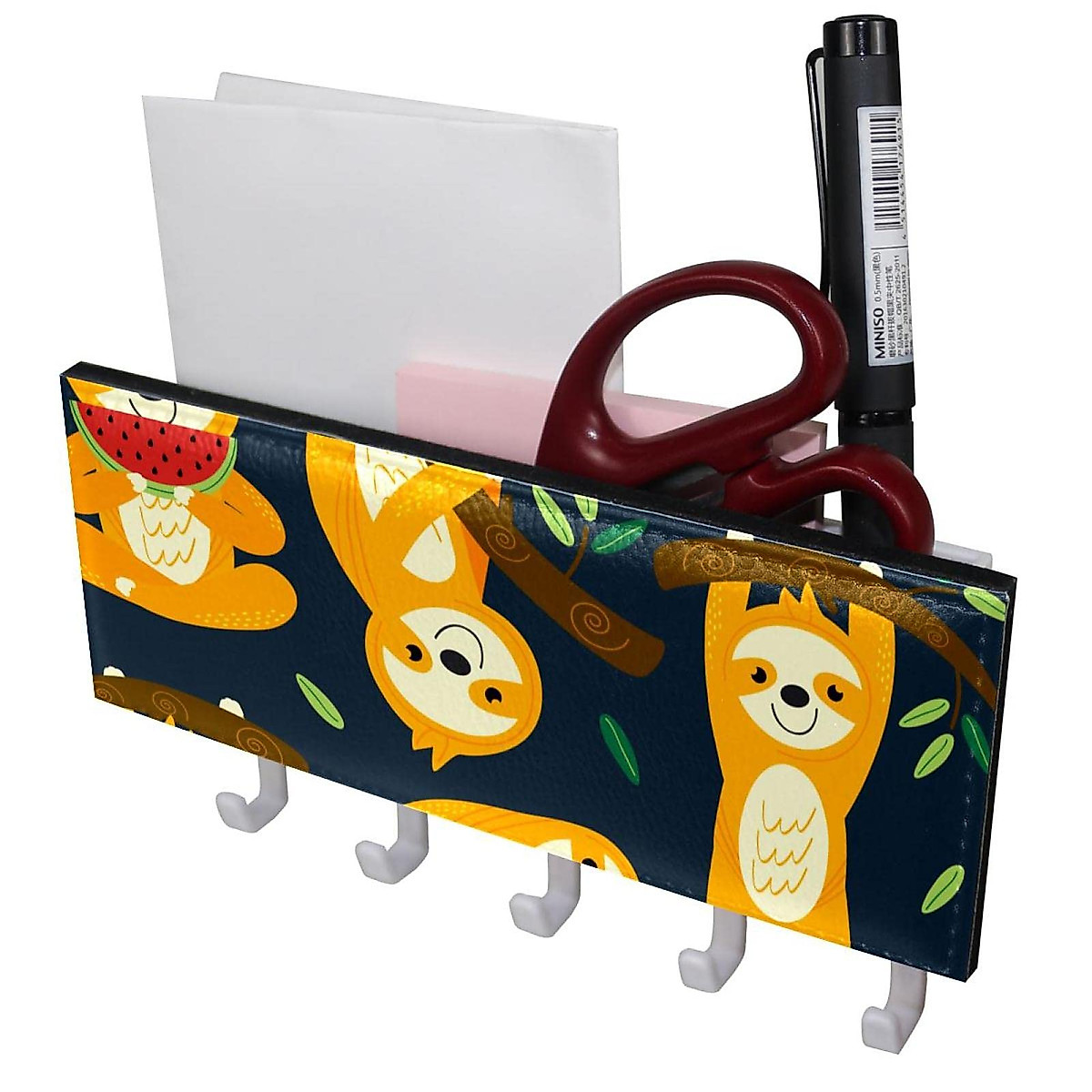 Cute Baby Sloth Sleep on The Tree Key Holder for Wall with Mail Organizer, Self Adhesive Key Rack with 5 Hooks, Decorative Home Decor for Entryway Bathroom Kitchen