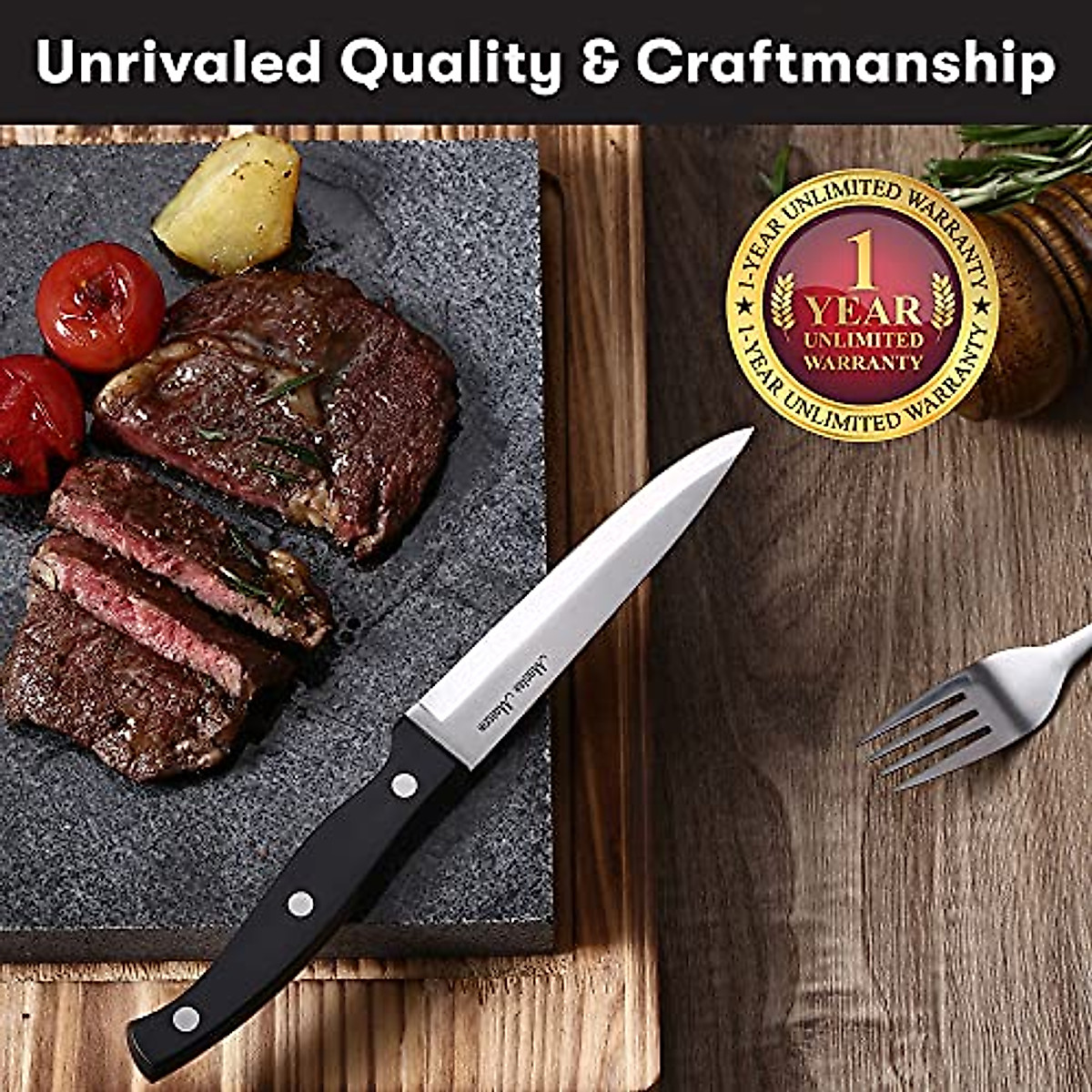 Master Maison 8-Piece 4.5" Premium Steak Knife Set | 8 German Non-Serrated Stainless Steel Kitchen Steak Knives + Storage Gift Box | Anti-Fatigue Ergonomic Full-Tang Triple-Riveted Handle (Black)