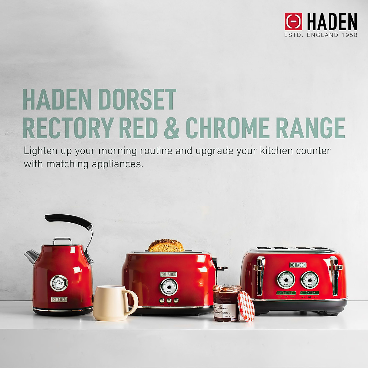 Haden Dorset 2 Slice Wide Slot Stainless Steel Toaster with Adjustable Browning Control & Non-Slip Feet, Rectory Red