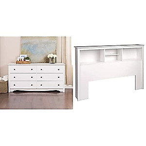 Sonoma 6 Drawer Double Dresser for Bedroom, White & Full/Queen Bookcase Headboard, White