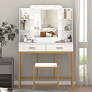 Vabches Makeup Vanity with Lighted Mirror,Vanity Mirror with Lights and Table Set,Vanity Set with 10 LED,Vanity Desk with 3 Lighting Modes and 2 Drawers&Cushioned Stool for Bedroom.