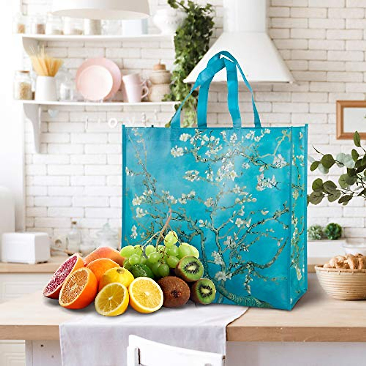NymphFable 6 Pack Grocery Bags Reusable Almond Blossoms Shopping Bags Waterproof Tote Bag Gift bags 50LBS