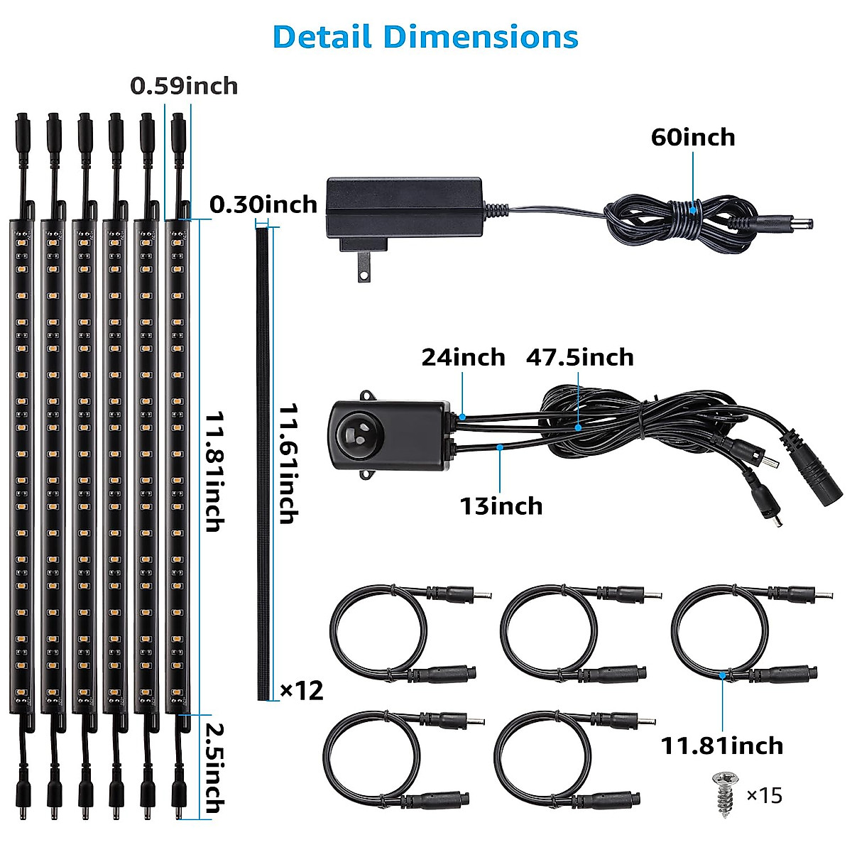 TORCHSTAR LED Safe Lighting Kit, (6) 12 Inch Linkable Light Bars + Motion Sensor + UL Power Adapter, 900LM, Input 100-240V, for Under Cabinet Gun Safe Locker Closet Showcase, 5000K Daylight