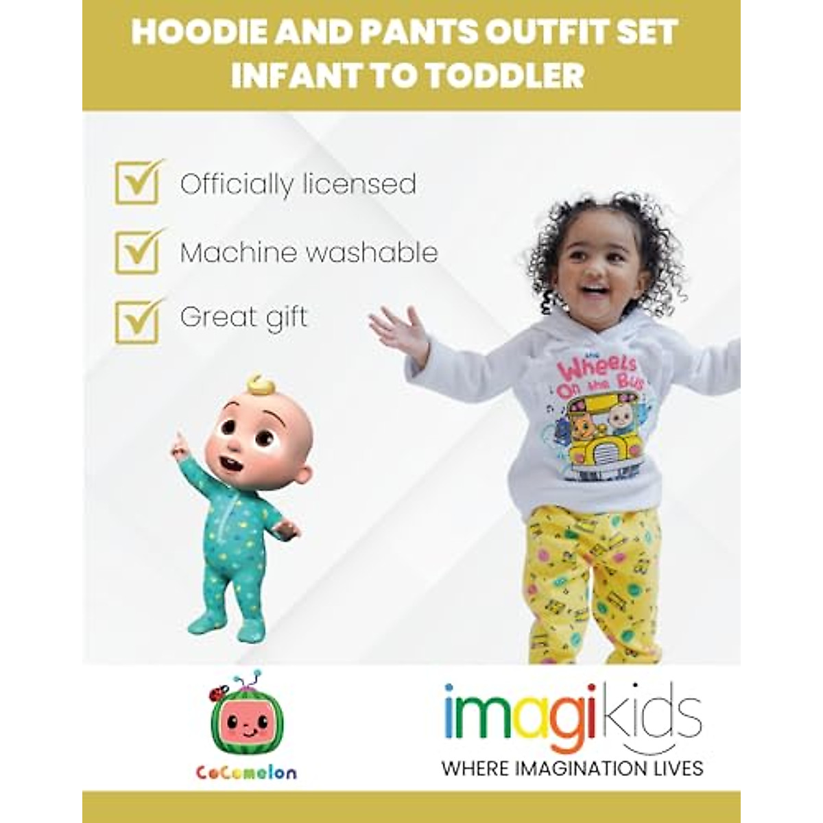 CoComelon JJ Infant Baby Girls Fleece Pullover Hoodie Pants Set White/Yellow 18 Months