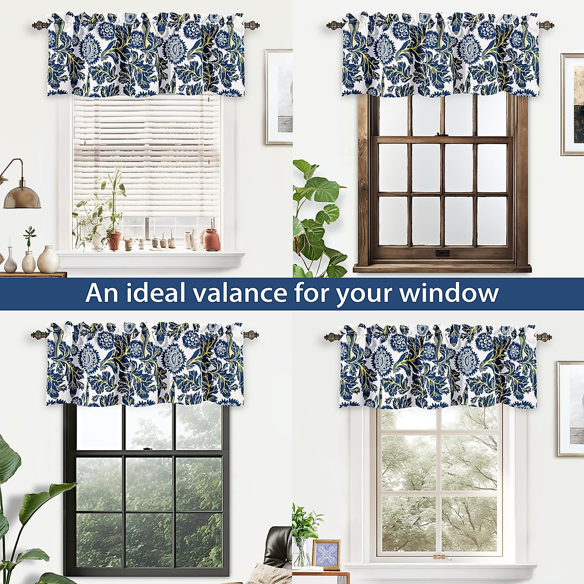 DriftAway Bird Tree Floral Flower Leaf Lined Thermal Insulated Energy Saving Window Curtain Valance for Living Room Bedroom Kitchen 2 Layer Rod Pocket 52 Inch by 14 Inch Plus 2 Inch Header Navy